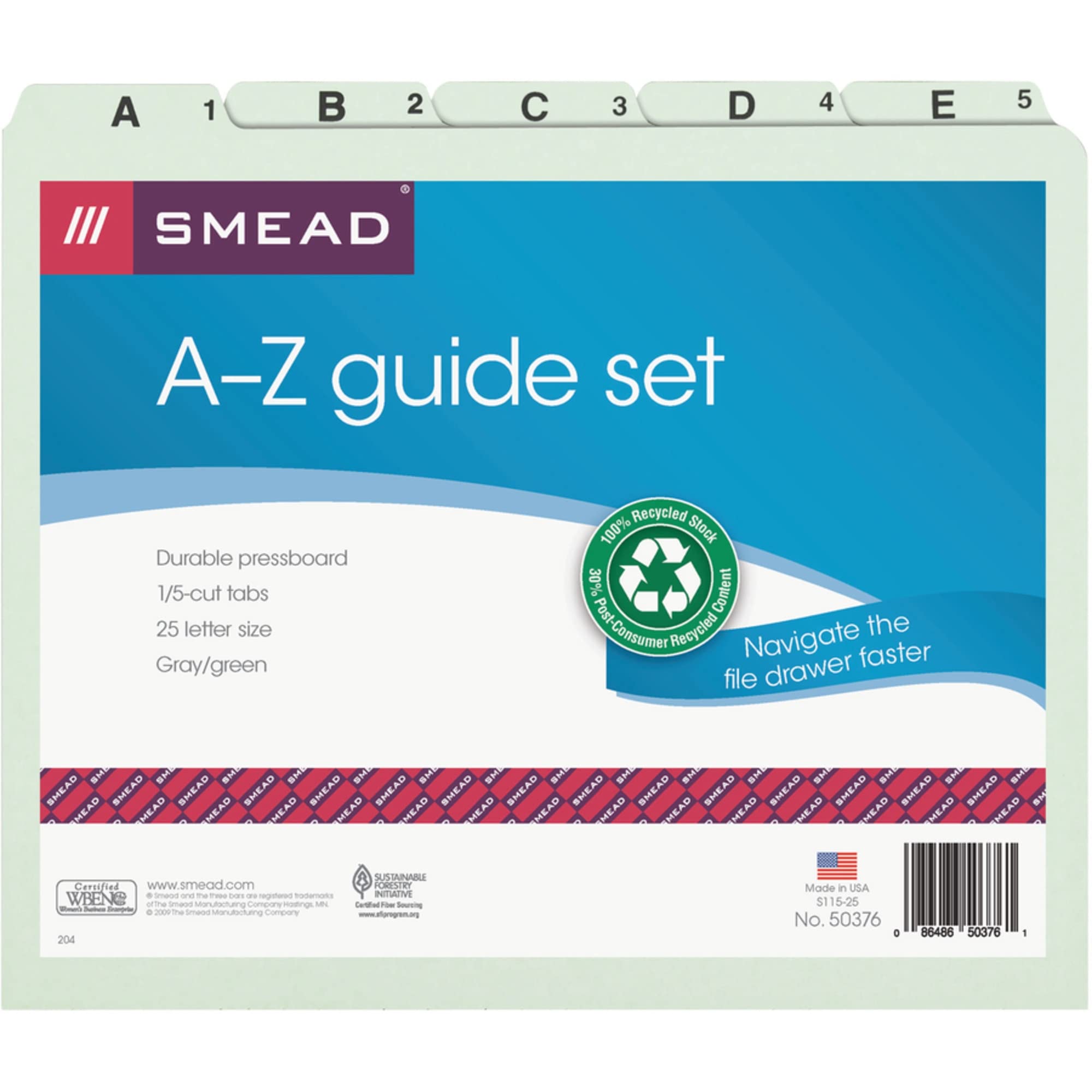 Smead Pressboard Guides, 1/5-Cut Tab (A-Z), Letter Size, Gray/Green, Set of 25 (50376)