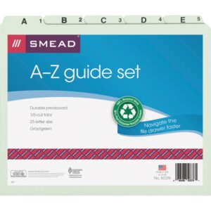 Smead Pressboard Guides, 1/5-Cut Tab (A-Z), Letter Size, Gray/Green, Set of 25 (50376)