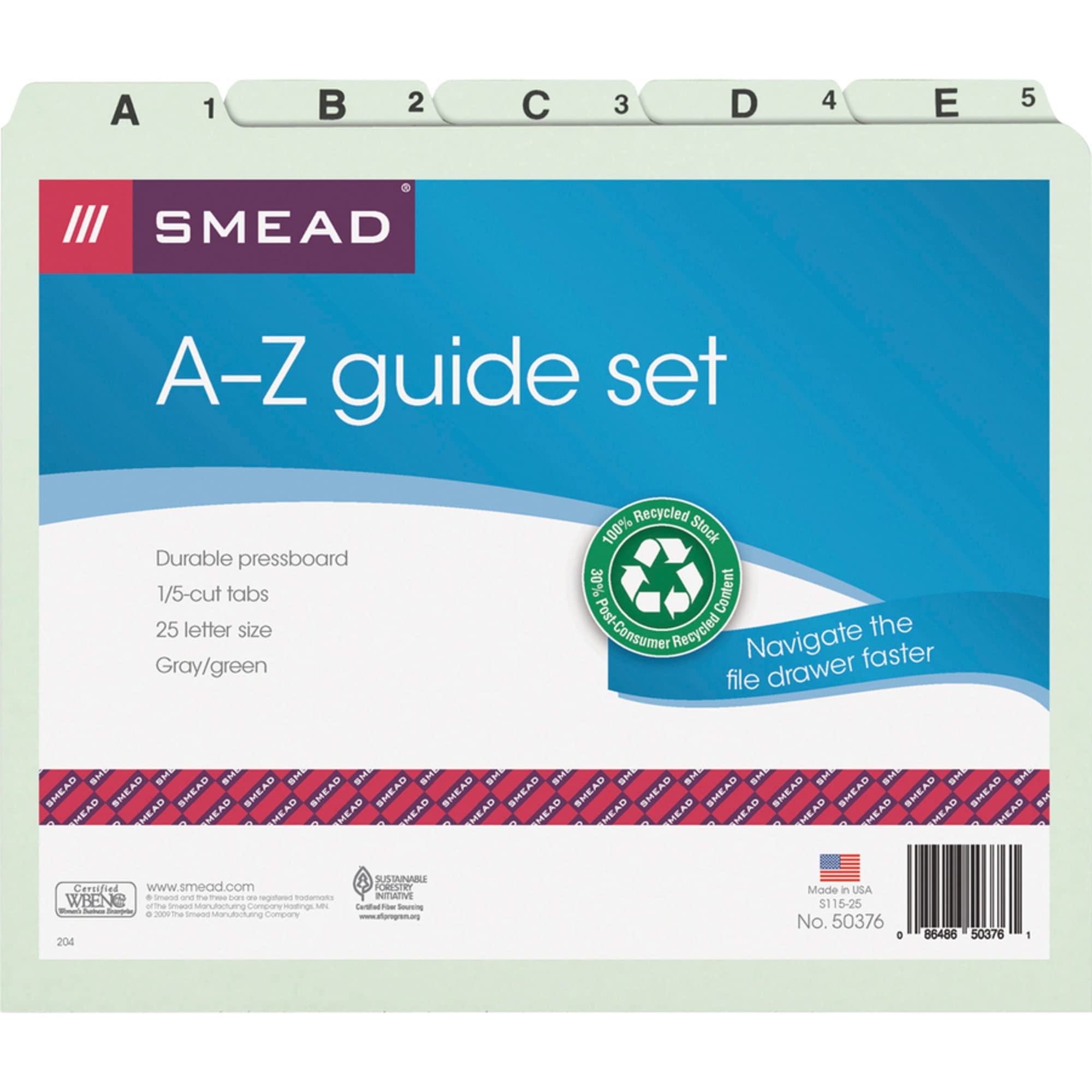 Smead Pressboard Guides, 1/5-Cut Tab (A-Z), Letter Size, Gray/Green, Set of 25 (50376)