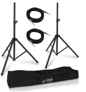 pyle universal stand kit-height adjustable 3.6’ -5.6’ tall sound equipment tripod mount for speakers w/ 35mm insert-home, stage, studio use-(2), black, 21’ ft 1/4" audio cable (pmdk102)