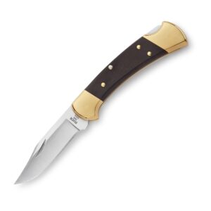 buck knives 112 ranger lock-back knife, brass bolsters, ebony handles, 3" 420hc blade with leather sheath