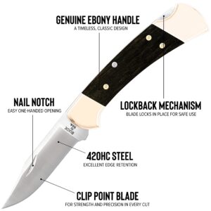 Buck Knives 112 Ranger Lock-back Knife, Brass Bolsters, Ebony Handles, 3" 420HC Blade with Leather Sheath