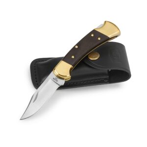 Buck Knives 112 Ranger Lock-back Knife, Brass Bolsters, Ebony Handles, 3" 420HC Blade with Leather Sheath