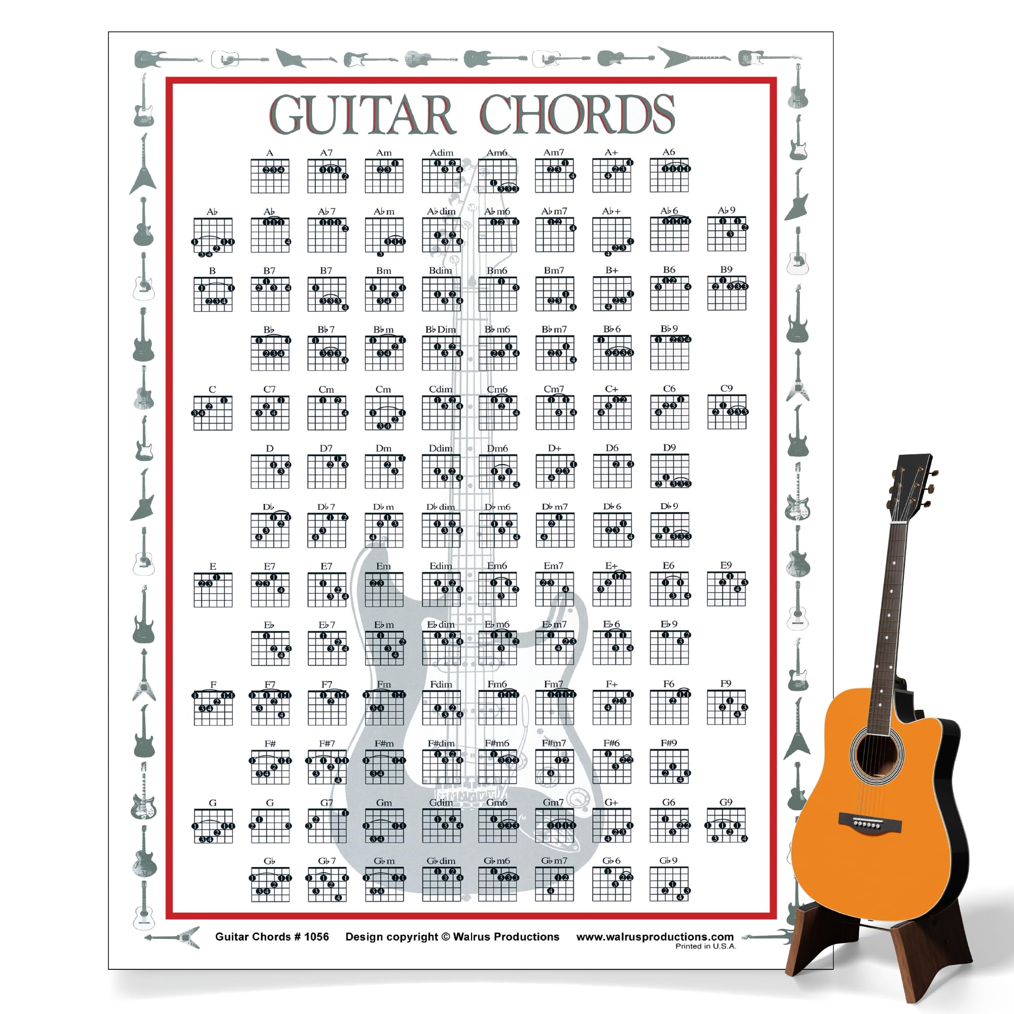 walrus productions Mini Guitar Chord Chart Poster - Laminated Guitar Chord Poster for Beginners and Musicians - Guitar Posters for Walls with 116 Chords - Acoustic Guitar Accessories - 8.5" x 11"