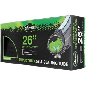 slime 30081 bike inner tube with slime puncture sealant, super thick, extra strong, self sealing, prevent and repair, schrader valve, 26" x 1.75-2.125"