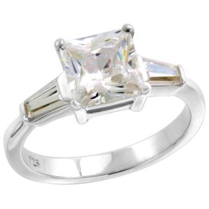 sterling silver cz tapered baguette 3-stone princess cut engagement ring for women 2 ct size 8