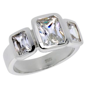 sterling silver cubic zirconia 3-stone ring emerald cut 1.2 ct center bezel set, size 7