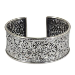 novica artisan handmade sterling silver cuff bracelet floral no stone thailand [6.25 in l (end to end) x 1.1 in w] ' renewal'