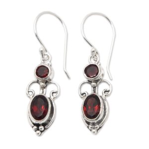 novica artisan handcrafted garnet dangle earrings | .925 sterling silver garnet dangle earrings | birthstone dangle earring | crown dangle earring | handmade dangle earring | indonesia themed