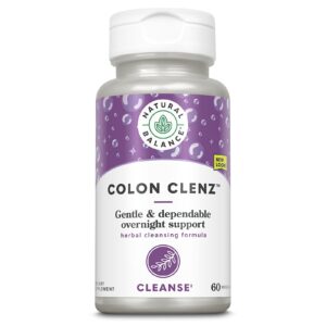 natural balance colon clenz | herbal colon cleanse, detox cleanse, and digestive health supplement - gentle and dependable overnight formula - 60-day guarantee (60 servings, 60 vegcaps)