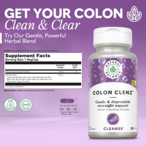 Natural Balance Colon Clenz | Herbal Colon Cleanse, Detox Cleanse, and Digestive Health Supplement - Gentle and Dependable Overnight Formula - 60-Day Guarantee (60 Servings, 60 VegCaps)