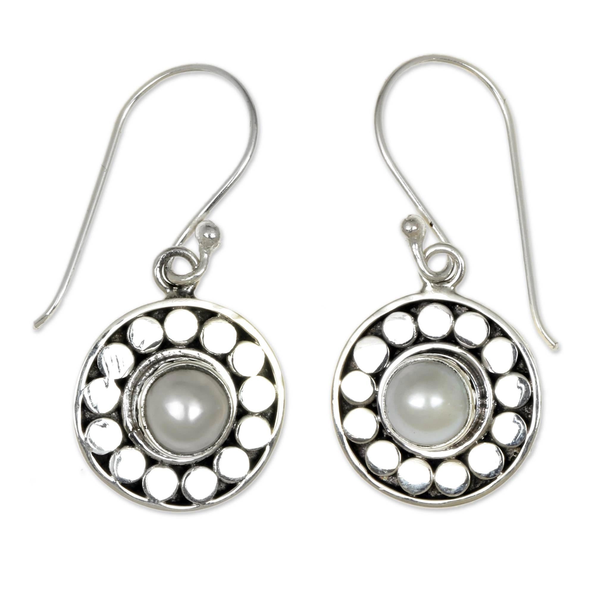 NOVICA Artisan Handmade Pearl Dangle Earrings Sterling Silver White Indonesia Birthstone [1.2 in L x 0.5 in W] ' Sunny Day'