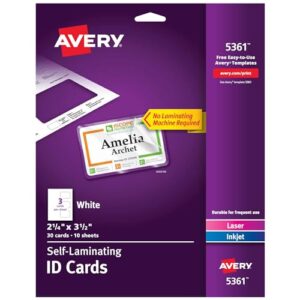 avery customizable self-laminating id cards, 2.25" x 3.5", white printable inserts, 30 laminated id cards (5361)