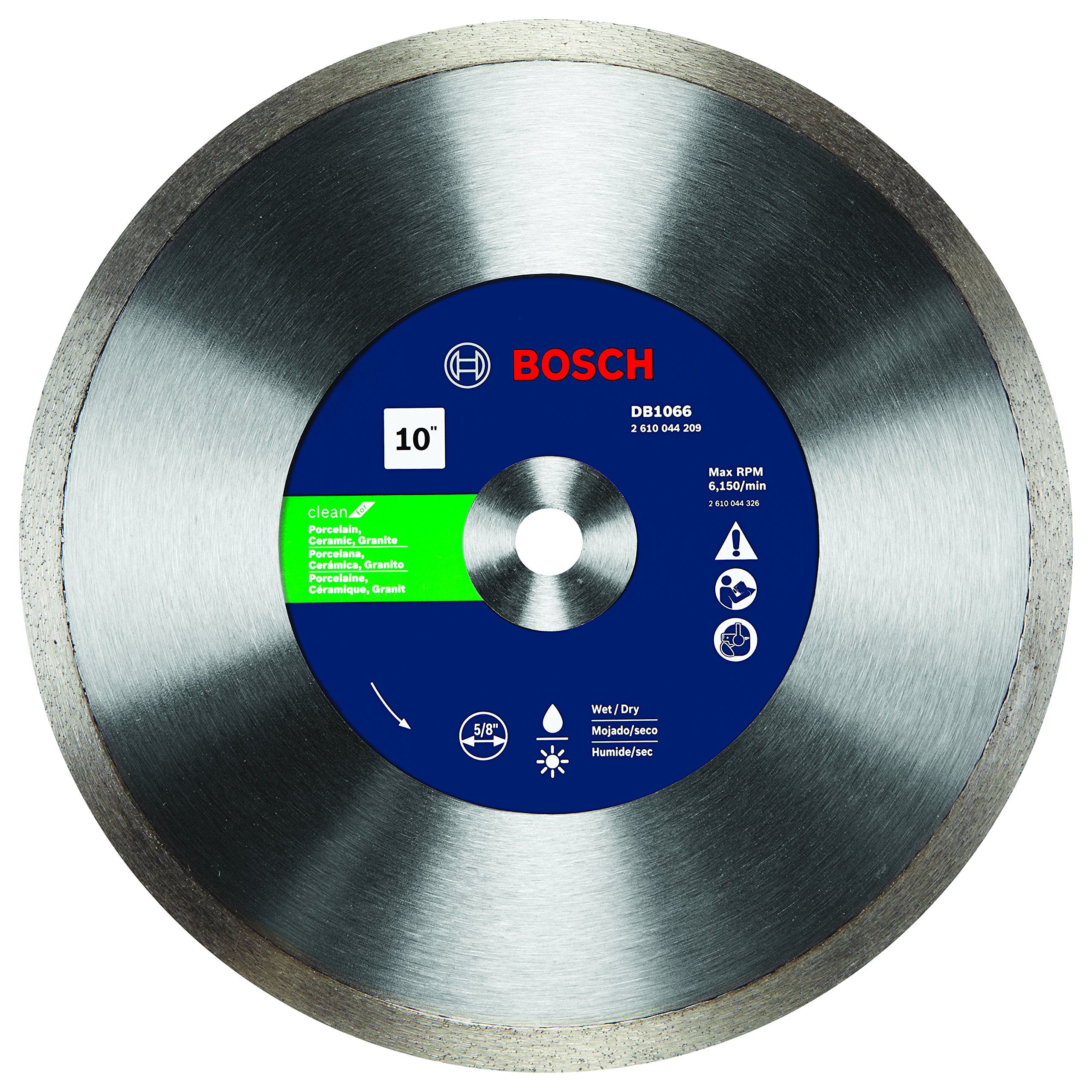 BOSCH DB1066 10 In. Rapido Premium Continuous Rim Diamond Blade with 5/8 In. Arbor for Clean Cut Wet/Dry Cutting Applications in Porcelain, Ceramic, Granite