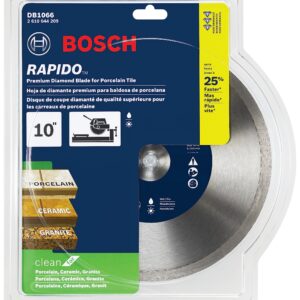 BOSCH DB1066 10 In. Rapido Premium Continuous Rim Diamond Blade with 5/8 In. Arbor for Clean Cut Wet/Dry Cutting Applications in Porcelain, Ceramic, Granite