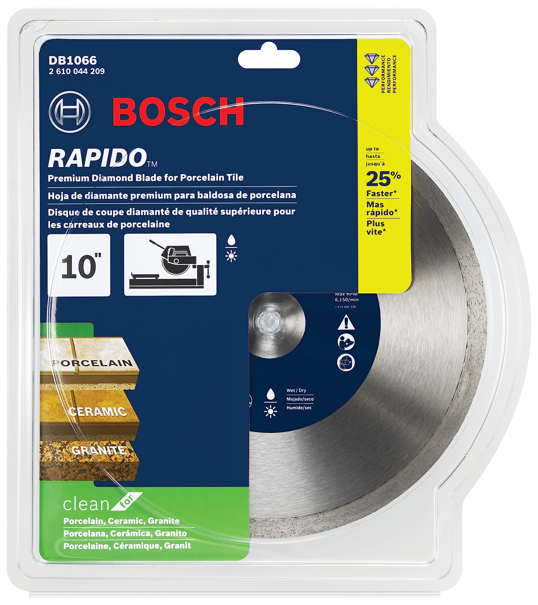 BOSCH DB1066 10 In. Rapido Premium Continuous Rim Diamond Blade with 5/8 In. Arbor for Clean Cut Wet/Dry Cutting Applications in Porcelain, Ceramic, Granite