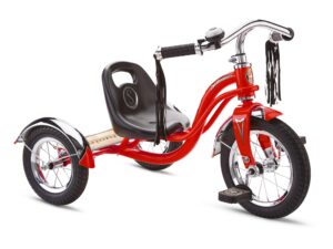 schwinn roadster bike for toddler, kids classic tricycle, low positioned steel trike frame with bell and handlebar tassels, rear deck made of genuine wood, for boys and girls ages 2-4 year old, red