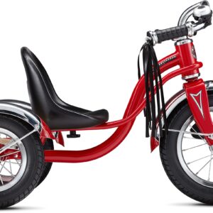 Schwinn Roadster Bike for Toddler, Kids Classic Tricycle, Low Positioned Steel Trike Frame with Bell and Handlebar Tassels, Rear Deck Made of Genuine Wood, for Boys and Girls Ages 2-4 Year Old, Red