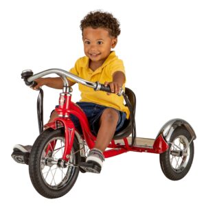 Schwinn Roadster Bike for Toddler, Kids Classic Tricycle, Low Positioned Steel Trike Frame with Bell and Handlebar Tassels, Rear Deck Made of Genuine Wood, for Boys and Girls Ages 2-4 Year Old, Red