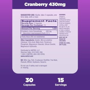 Natrol Cranberry 430 mg per serving, Cranberry Supplement for Womens Health, 30 Capsules, Up to a 15 Day Supply