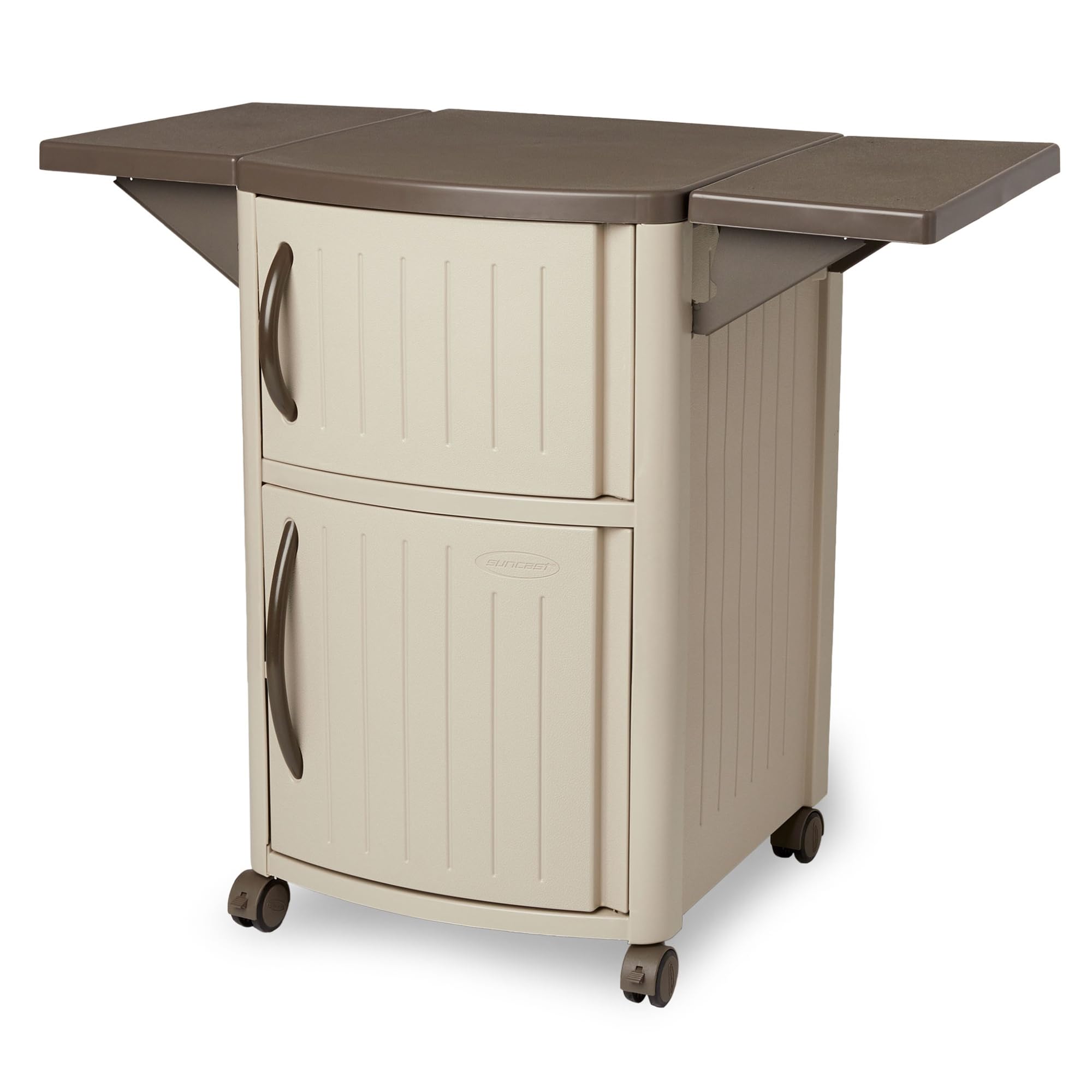 Suncast DCP2000 Portable Outdoor Patio Backyard Grilling Entertainment Serving Prep Station Table with Cabinet Storage and Drop Leaf Extensions, Beige