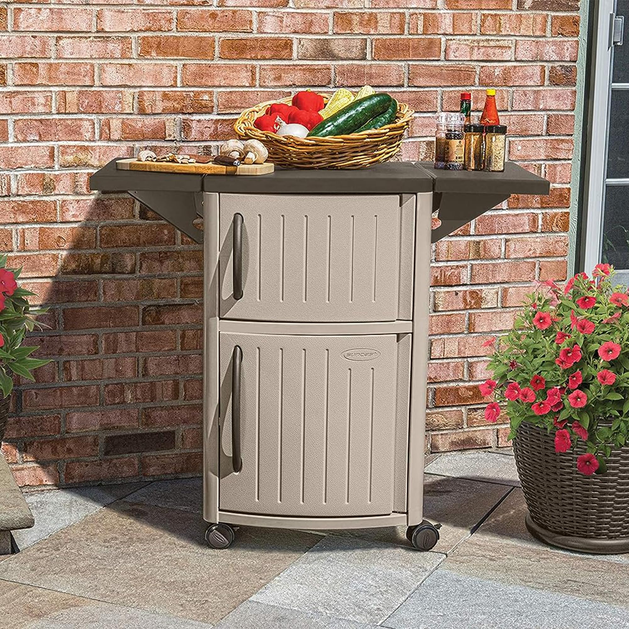 Suncast DCP2000 Portable Outdoor Patio Backyard Grilling Entertainment Serving Prep Station Table with Cabinet Storage and Drop Leaf Extensions, Beige