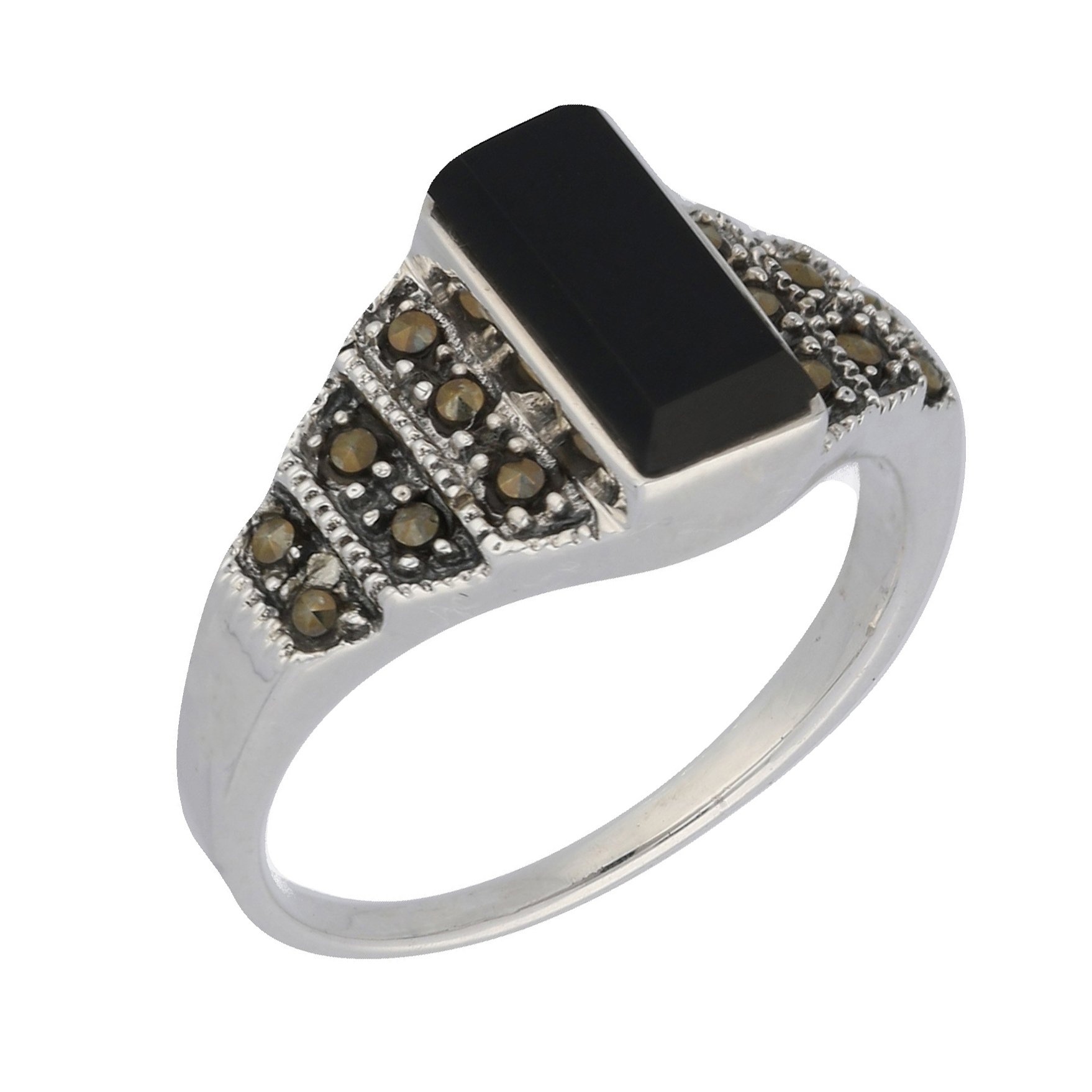 Marcasite and Black Onyx Sterling Silver Bar Ring Size 7(Sizes 6,7,8,9)