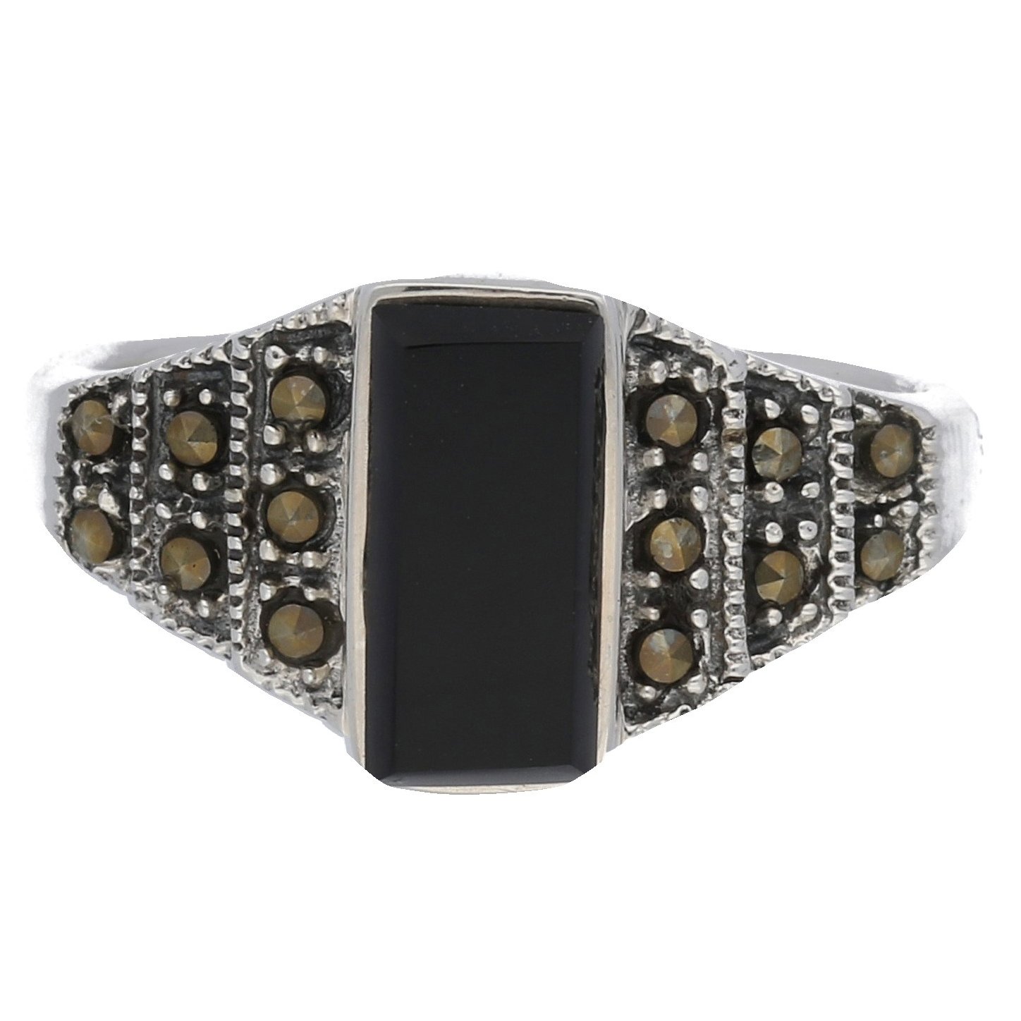 Marcasite and Black Onyx Sterling Silver Bar Ring Size 7(Sizes 6,7,8,9)