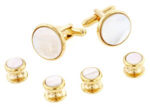 jj weston mother of pearl tuxedo cufflinks and shirt studs. made in the usa.