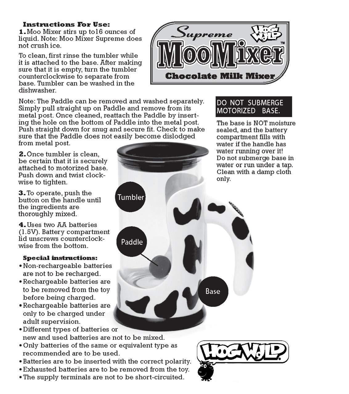 Hog Wild Moo Mixer Supreme Chocolate Milk Mixing Cup - Automatically Mixes Powder and Syrup - Stir and Drink in 1 Glass -16 oz