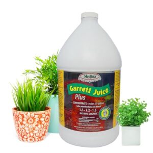 medina garrett juice plus -liquid plant food & fertilizer for houseplants, lawn, & garden | foliar solution & growth enhancer, ideal for potted & patio plants | nitrogen-rich liquid fertilizer - 1 gal