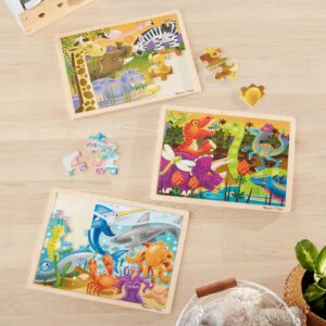 Melissa & Doug 3-Puzzle Jigsaw Set - Dinosaurs, Ocean, and Safari - Toddler Jigsaw Puzzles, Sea Creatures Wooden Puzzles, Dinosaur Puzzles, Animal Puzzles For Kids Ages 3+