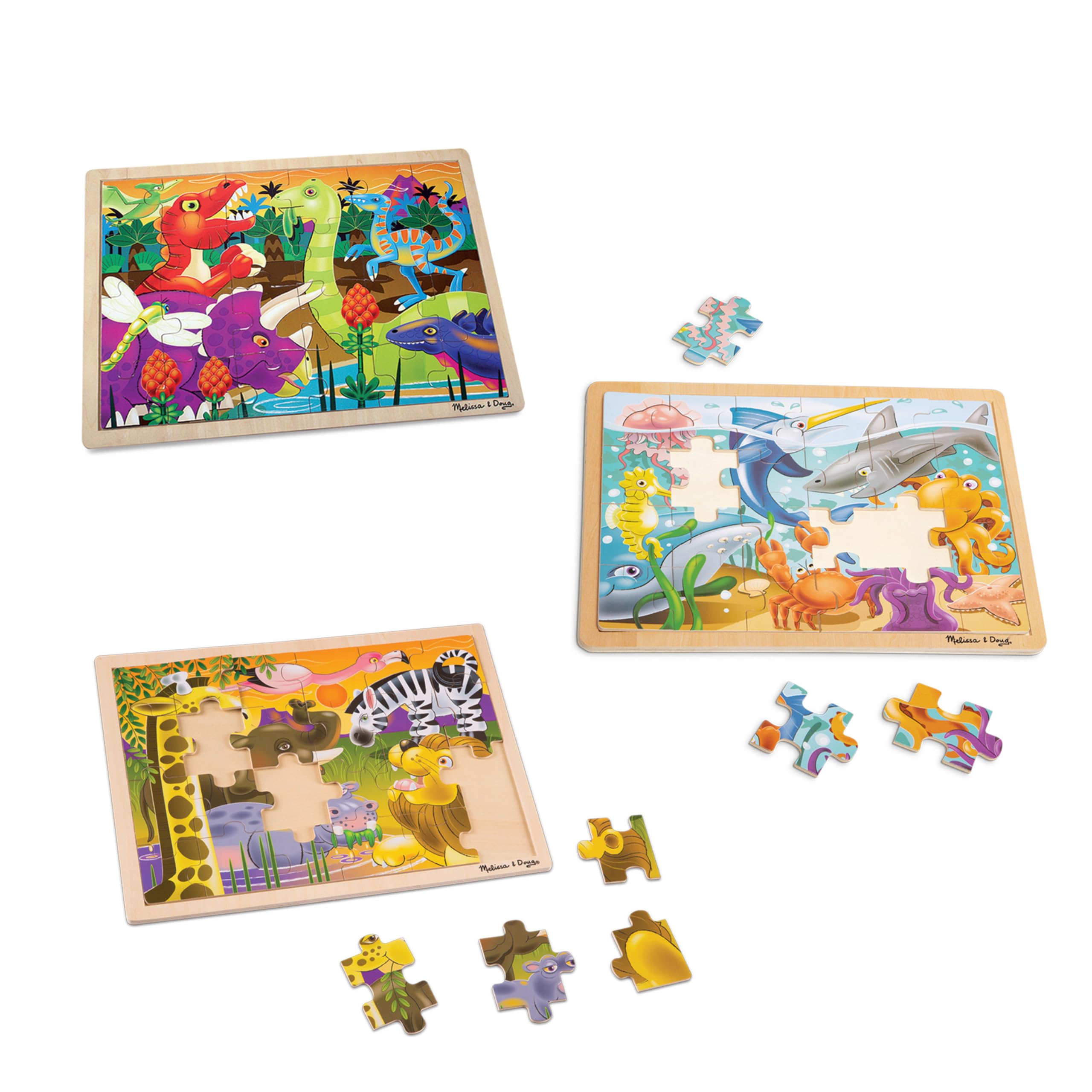 Melissa & Doug 3-Puzzle Jigsaw Set - Dinosaurs, Ocean, and Safari - Toddler Jigsaw Puzzles, Sea Creatures Wooden Puzzles, Dinosaur Puzzles, Animal Puzzles For Kids Ages 3+