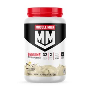 muscle milk genuine protein powder, vanilla crème, 2.47 pound, 16 servings, 32g protein, 2g sugar, calcium, vitamins a, c & d, nsf certified for sport, energizing snack, packaging may vary