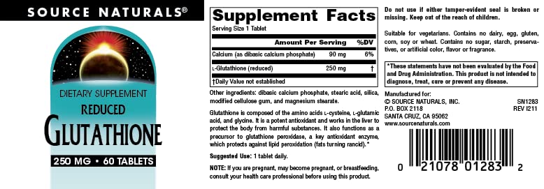 Source Naturals Glutathione, Supplement for Liver Support, 250mg - 60 Tablets