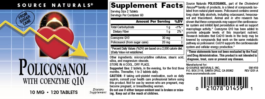 Source Naturals Policosanol with Coenzyme Q10, 10 Mg -120 Tablets