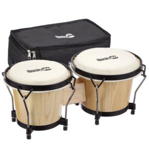 rockjam 7" and 8" bongo drum set with padded bag and tuning key, natural