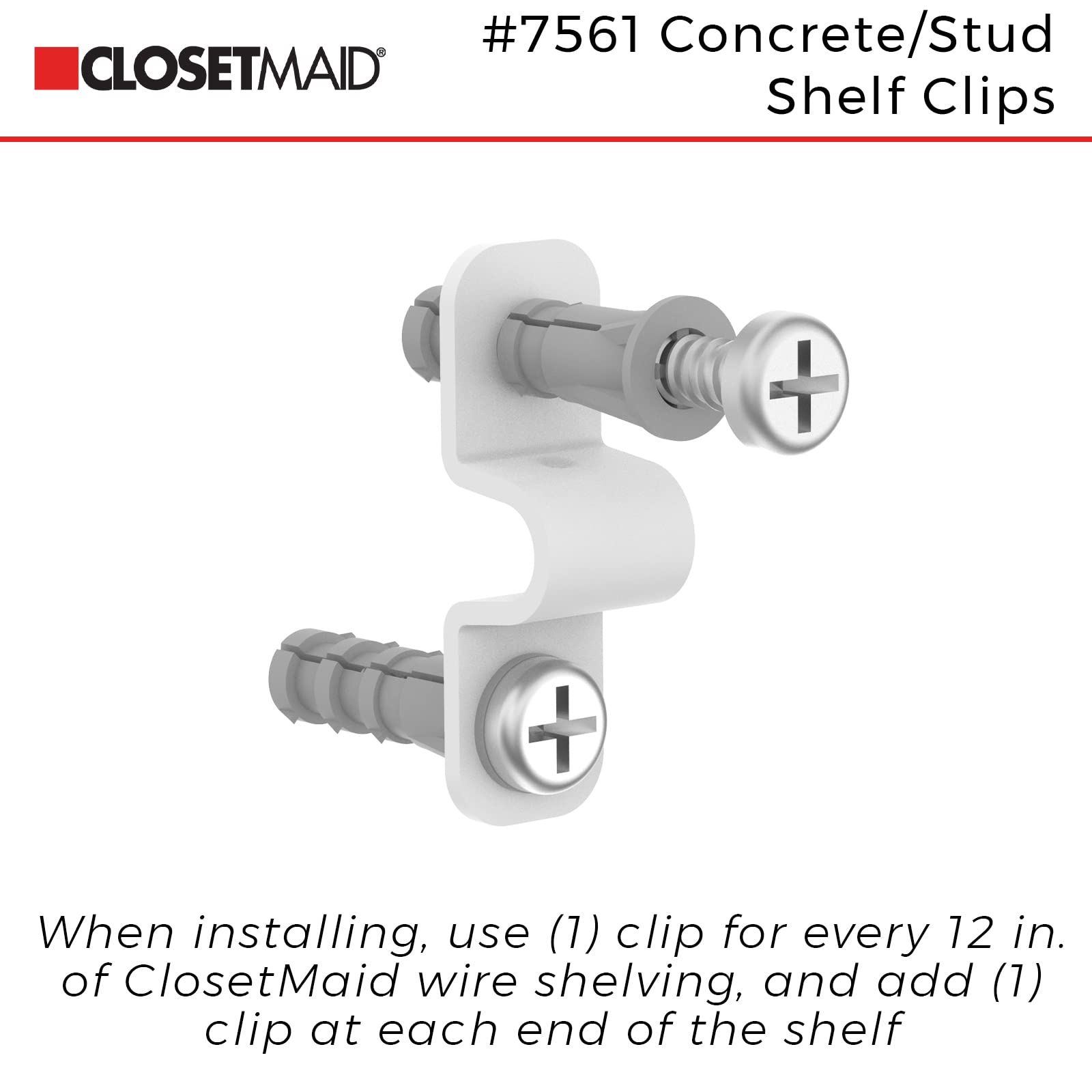 ClosetMaid 7561 Shelf Clips for Concrete Installation, 12-Pack , White