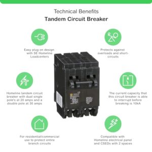 Square D by Schneider Electric HOMT2020230CP Square D Homeline, Double Pole Combination Tandem Circuit Breaker, Pack of 1, Black