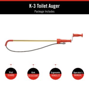 RIDGID 59787 Model K-3 Toilet Auger with Unclogging 3-Foot Snake and Bulb Head