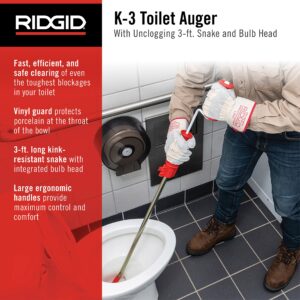 RIDGID 59787 Model K-3 Toilet Auger with Unclogging 3-Foot Snake and Bulb Head