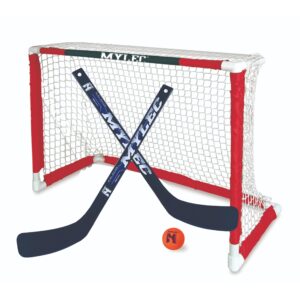 mylec mini hockey set - 1 x mini pvc hockey goal (30.5" x 23"), 2 x plastic mini player sticks (left and right), 1 x hockey foam ball, lightweight, sleeve netting system (red, 3 pounds)