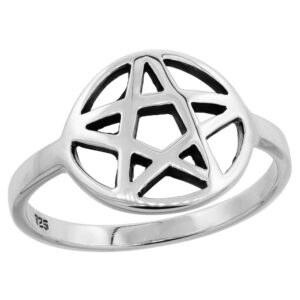 sterling silver pentagram ring for women & teens flawless polished finish 5/8 inch wide size 8