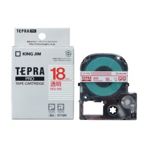 king jim st18r tepra pro tape cartridge, 0.7 inches (18 mm), transparent label/red letter, length 22.8 ft (8 m)