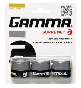 gamma sports supreme overgrip for tennis, pickleball, squash, badminton, and racquetball racquets, 3-pack, grey