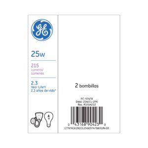 GE 97478 25-Watt 215-Lumen Decorative A19 Incandescent Light Bulb, Crystal Clear, 2-Pack