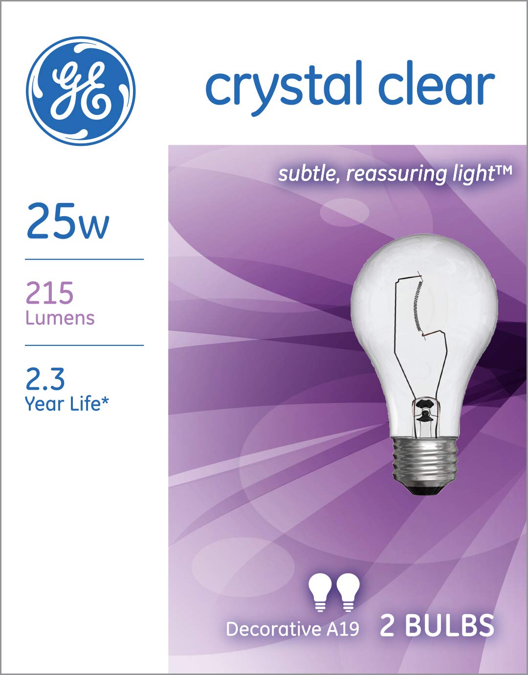 GE 97478 25-Watt 215-Lumen Decorative A19 Incandescent Light Bulb, Crystal Clear, 2-Pack