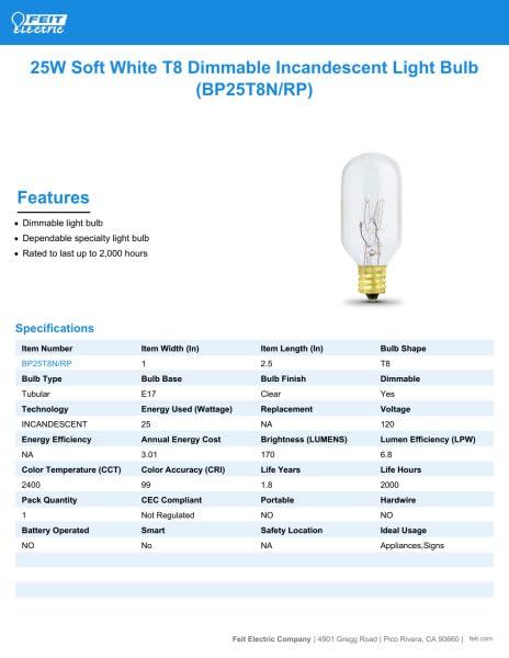 Feit Electric BP25T8N 25-Watt Intermediate Base Clear Appliance Incandescent Light Bulb