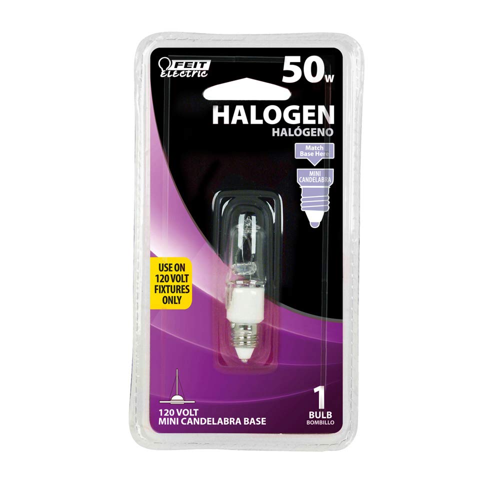 Feit Electric BPQ50/CL/MC/RP 50-Watt T3 Halogen Bulb with Mini Candelabra Base, Clear