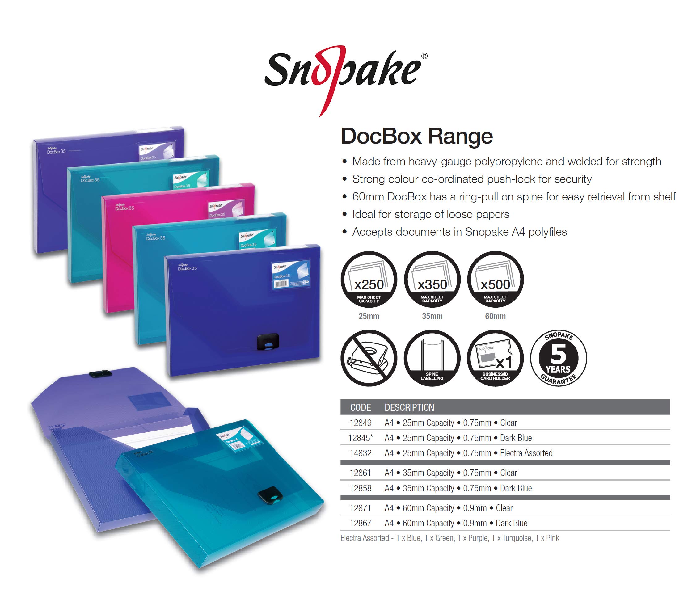 Snopake A4 DocBox Clear 35 mm Box File with Push Lock (Pack of 1) Ref 12861